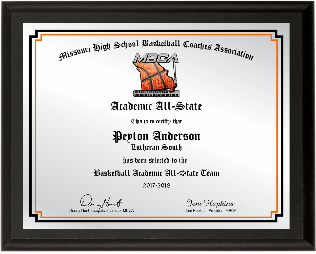 MBCA Academic All-State plaque - Collegiate Awards