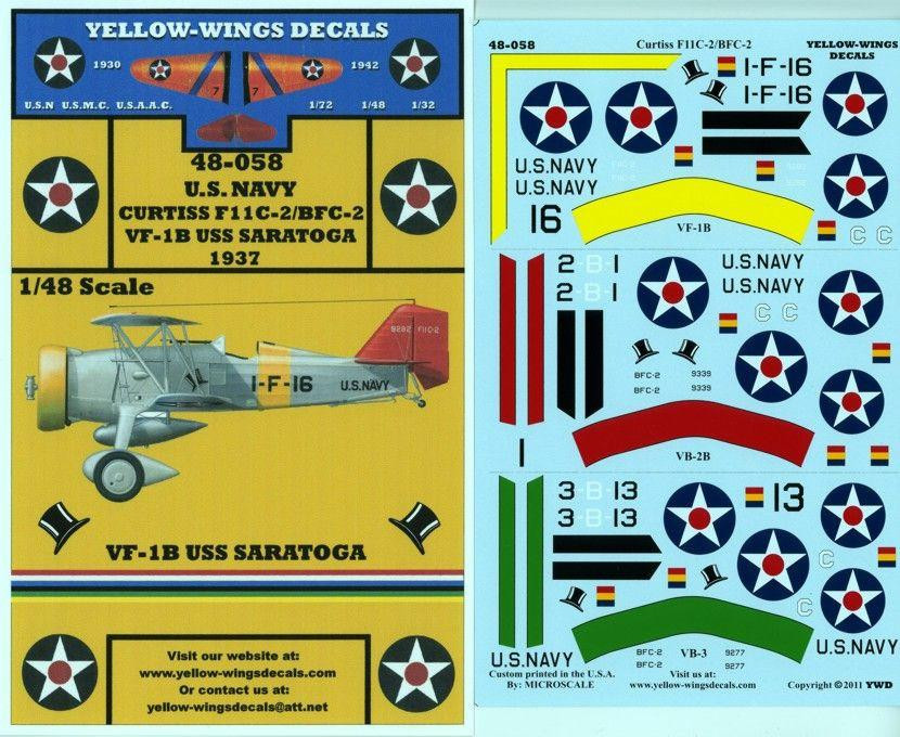 1/48 Yellow Wings Decals USN Curtiss F11C-2 Goshawk (Bi-Plane) VF-1B ...