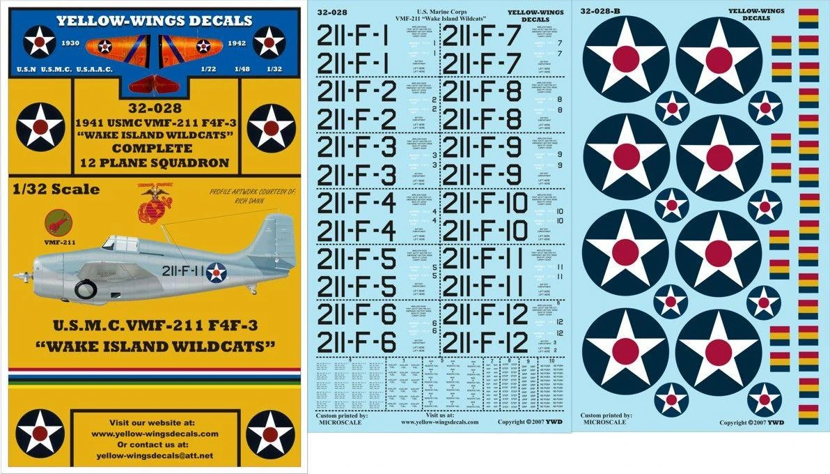 1/32 Yellow Wings Decals USMC F4F-3 VMF-211 Wake Island Wildcats ...