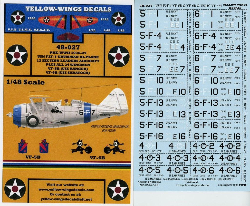 1/48 Yellow Wings Decals USN F3F-1 Bi-Plane VF-5B & VF-6B - Squadron.com