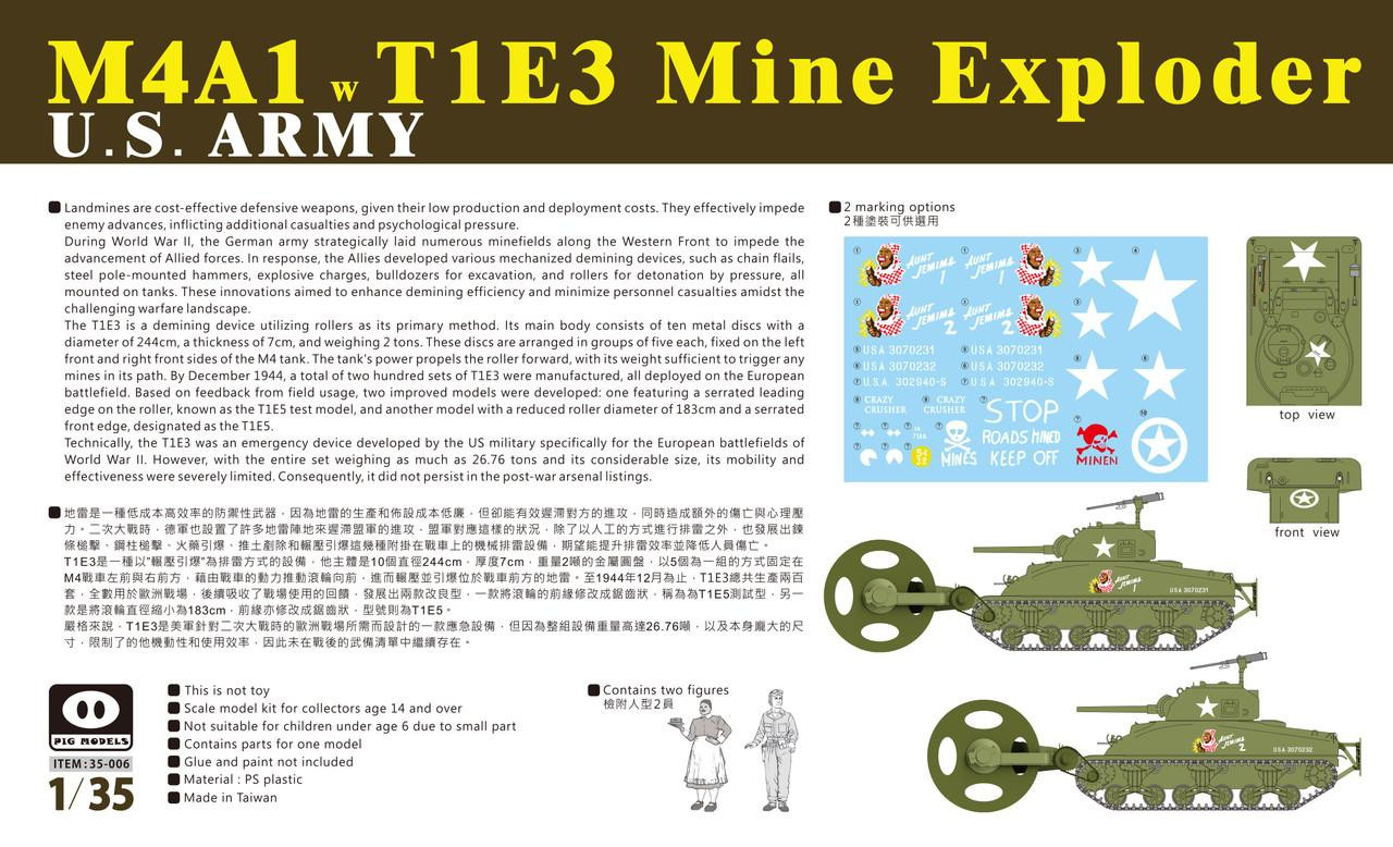 1/35 Pig Models M4A1 Sherman w/ T1E3 US Army Mine Exploder Plastic ...