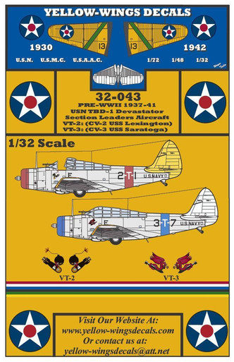 1/32 Yellow Wings Decals Douglas TBD-1 Devastator VT-2, VT-3 Pre-War ...