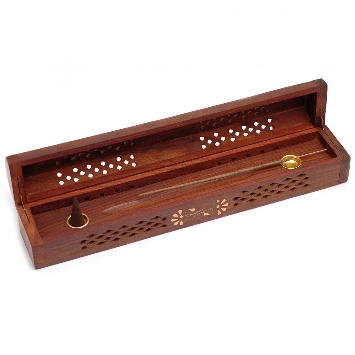 Brass Floral Wooden Incense Box | Holisticshop.co.uk
