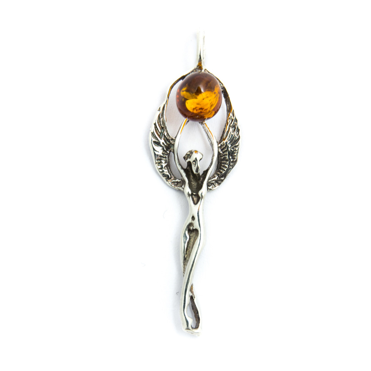 Cognac Baltic Amber Angel Pendant (Sterling Silver