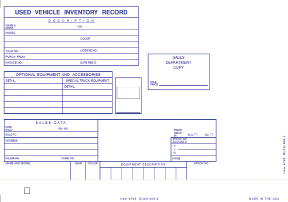 Vehicle Inventory Cards 100-Pack | Car Dealer Supplies