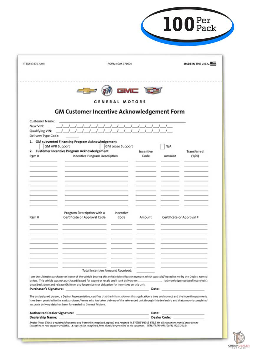 GM Customer Incentive Acknowledgment Form | Car Dealers