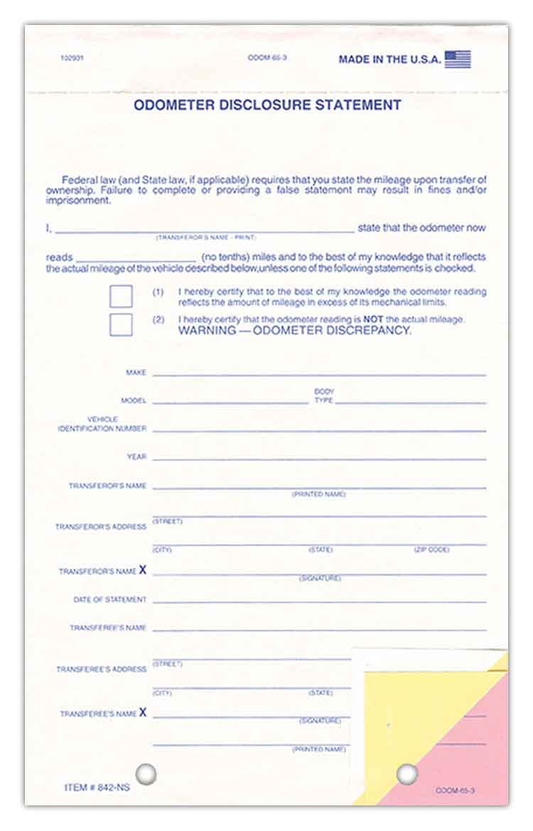 No Screen 3-Part Odometer Disclosure Statement | Forms