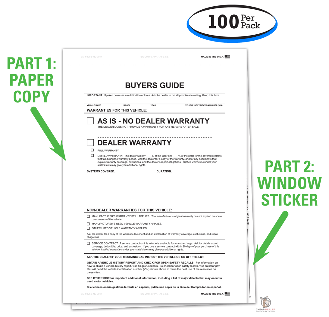 2-Part Combo Buyers Guide Paper Copy and Window Sticker