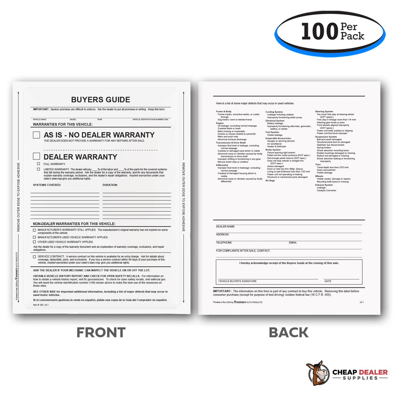 As Is Car Buyers Guides Interior Window Stickers
