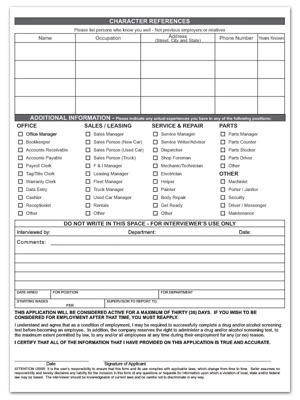 4 Page Application For Employment Forms | Car Dealers