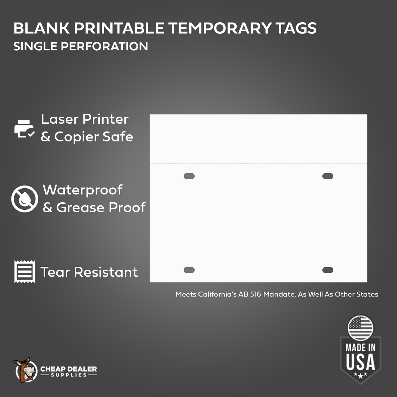 Blank Printable Tear Resistant Dealer Temporary Tags