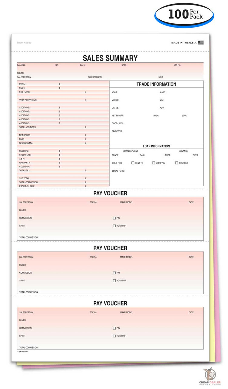 Sales Summary With Pay Vouchers | Car Dealer Forms
