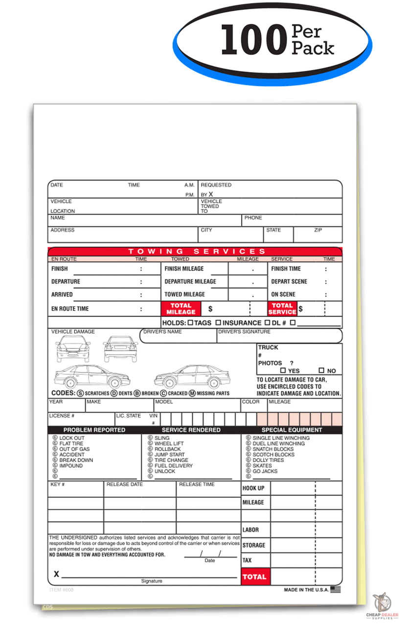 Tow Register | 2-Part Towing Services Form | 100 Pack