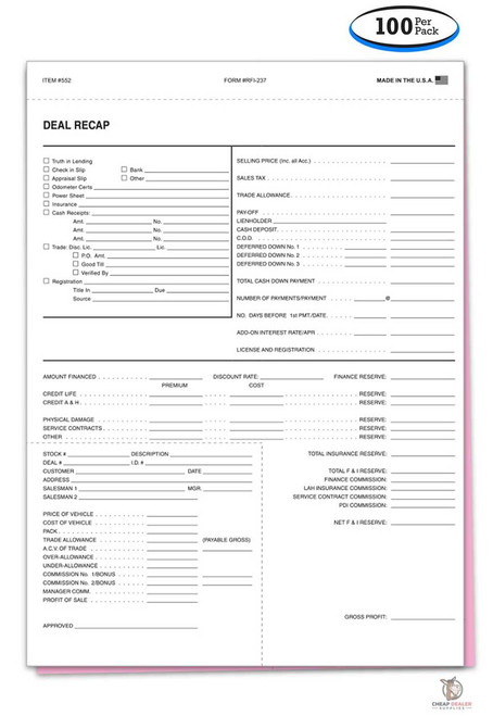 Standard Deal Recap | Car Dealer Sales Sheet Forms