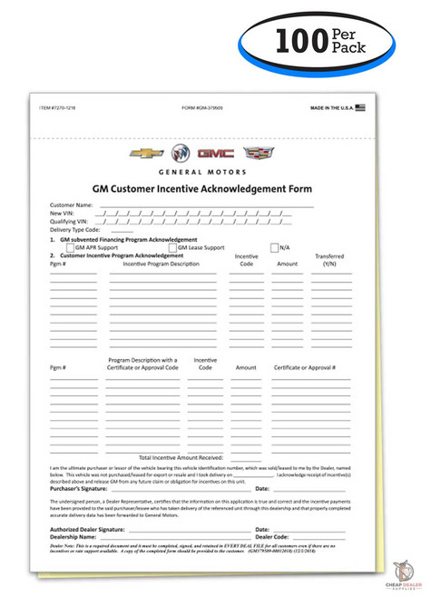 GM Customer Incentive Acknowledgment Form | Car Dealers