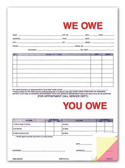 3-Part We Owe / You Owe Form (100 per pack) - Cheap Dealer Supplies