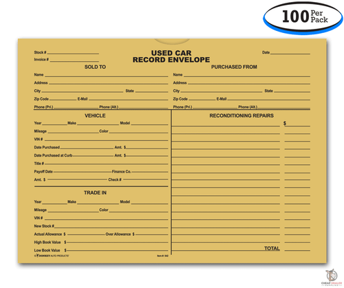 Used Car Record Envelopes | Deal Jackets