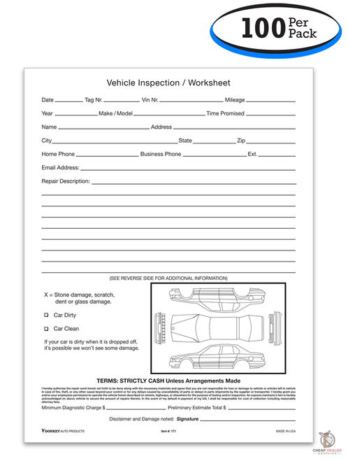 Vehicle Inspection Worksheet | Cheap Dealer Supplies