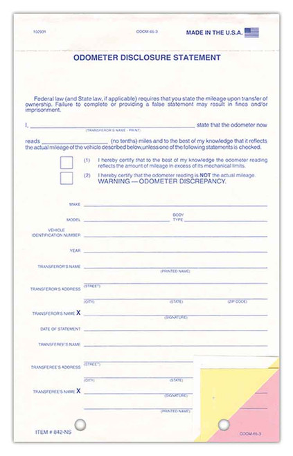 No Screen 3-Part Odometer Disclosure Statement | Forms