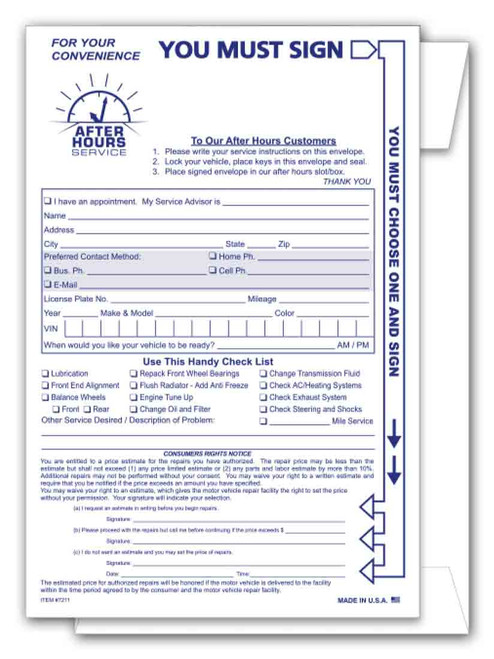 After Hours Service Envelope Forms With Price Estimate