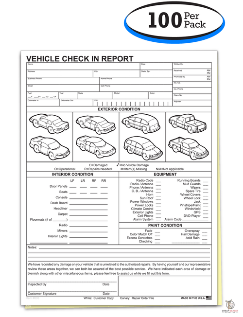 2-Part Vehicle Check In Report | Body Shop Service Forms