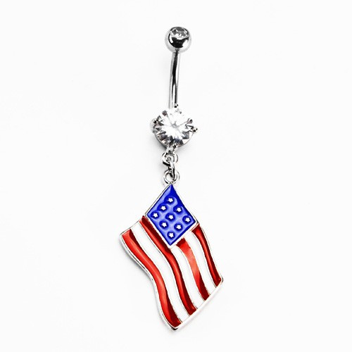 American Flag Belly Ring with CZ stone