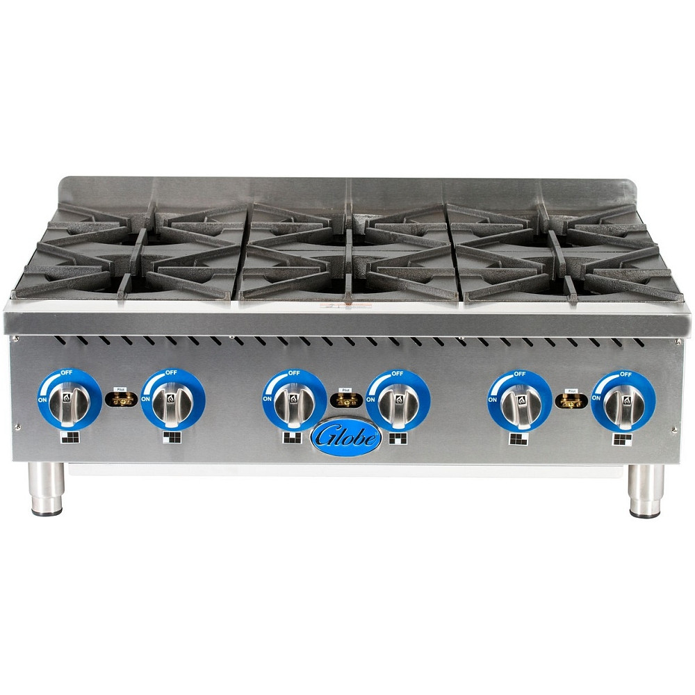 Globe GHP36G Gas Countertop Hot Plate, 36"W, 6-Burner, Natural Gas ...