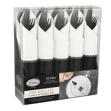 King Zak 37210 Rolled Cutlery Combo Set with Napkin, Black (10/Pack ...