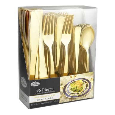 King Zak 37284 Polished Gold Cutlery Combo (96pc/Box) - Win Depot