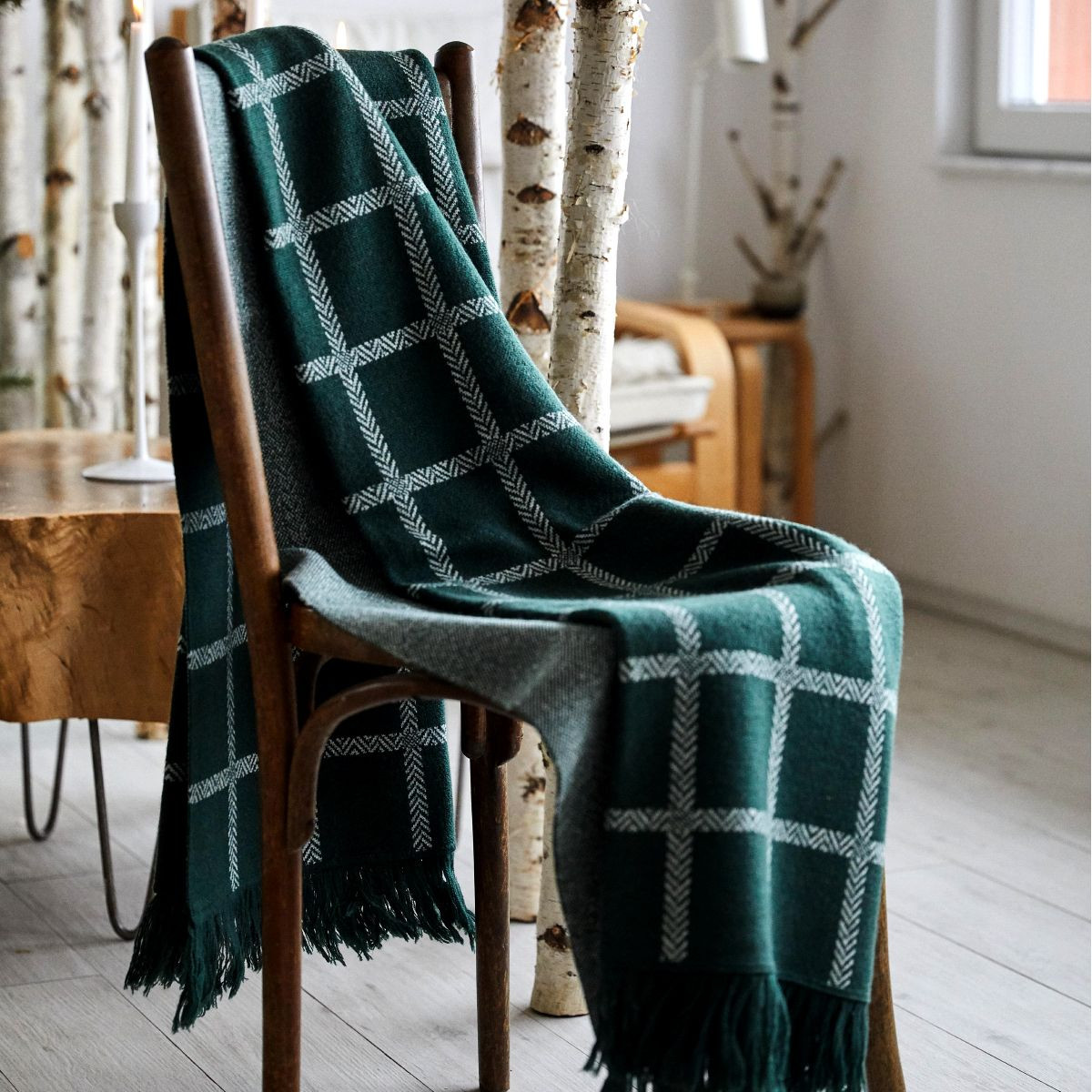 Forest Green Multi Check Merino Wool Throw | SAOL Knitwear