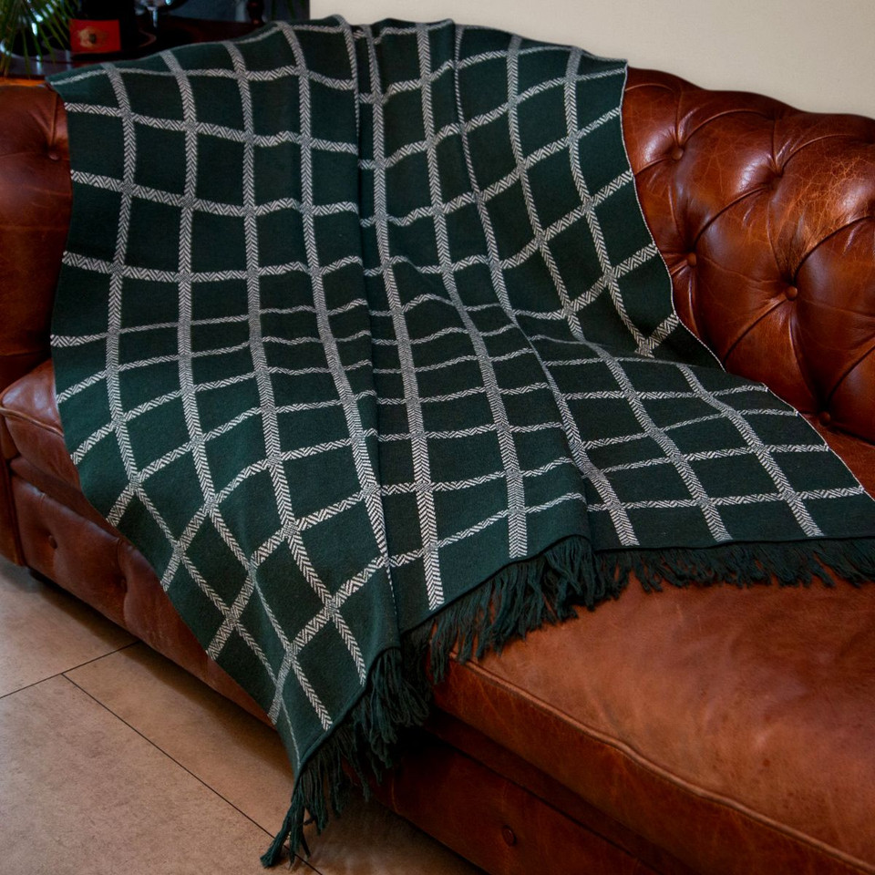 Forest Green Multi Check Merino Wool Throw | SAOL Knitwear
