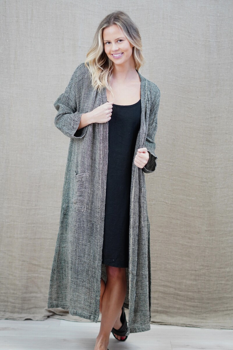Audrey Long Linen Cardigan Black & Natural - Linens Unlimited