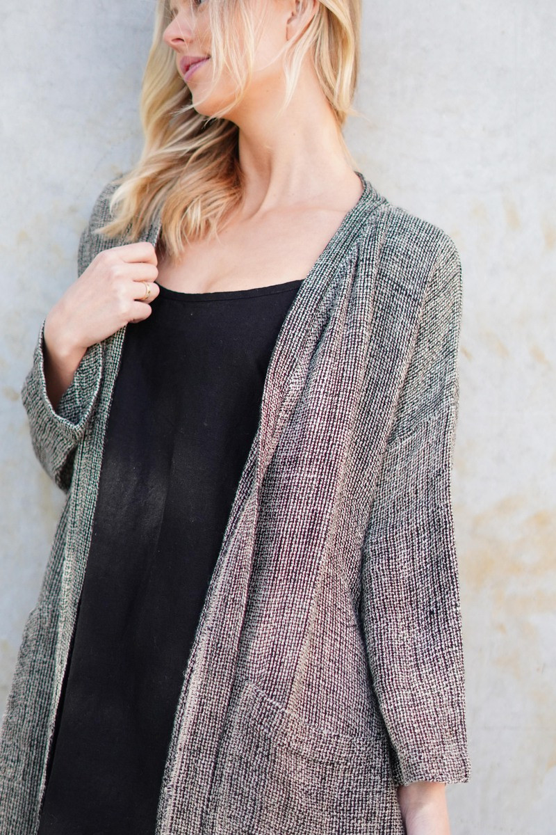 Audrey Long Linen Cardigan Black & Natural - Linens Unlimited