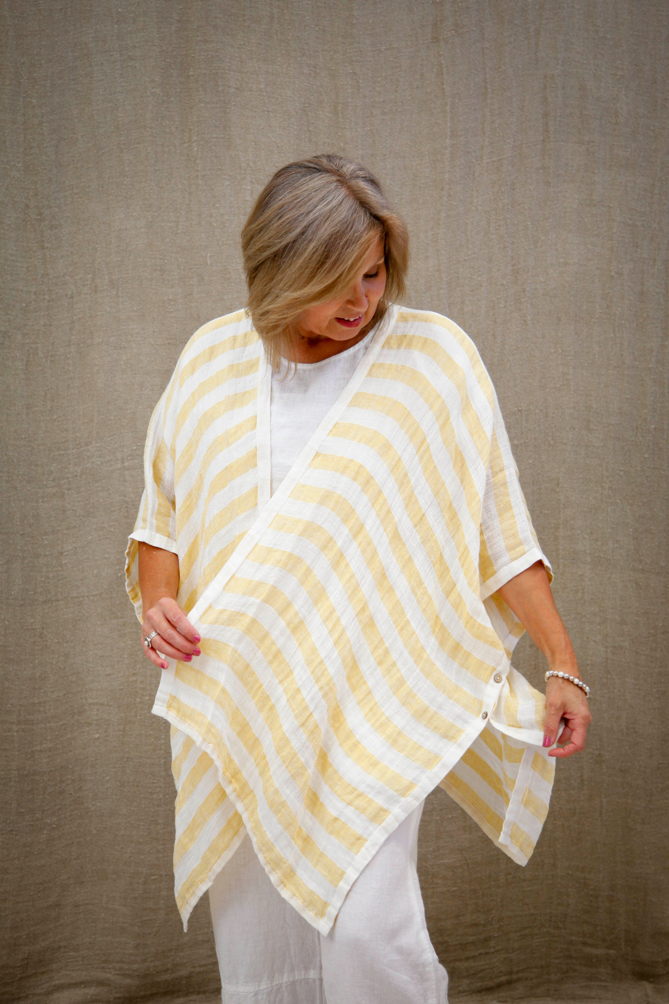 Carmen Linen Cardigan Lemon & White Stripe - Linens Unlimited
