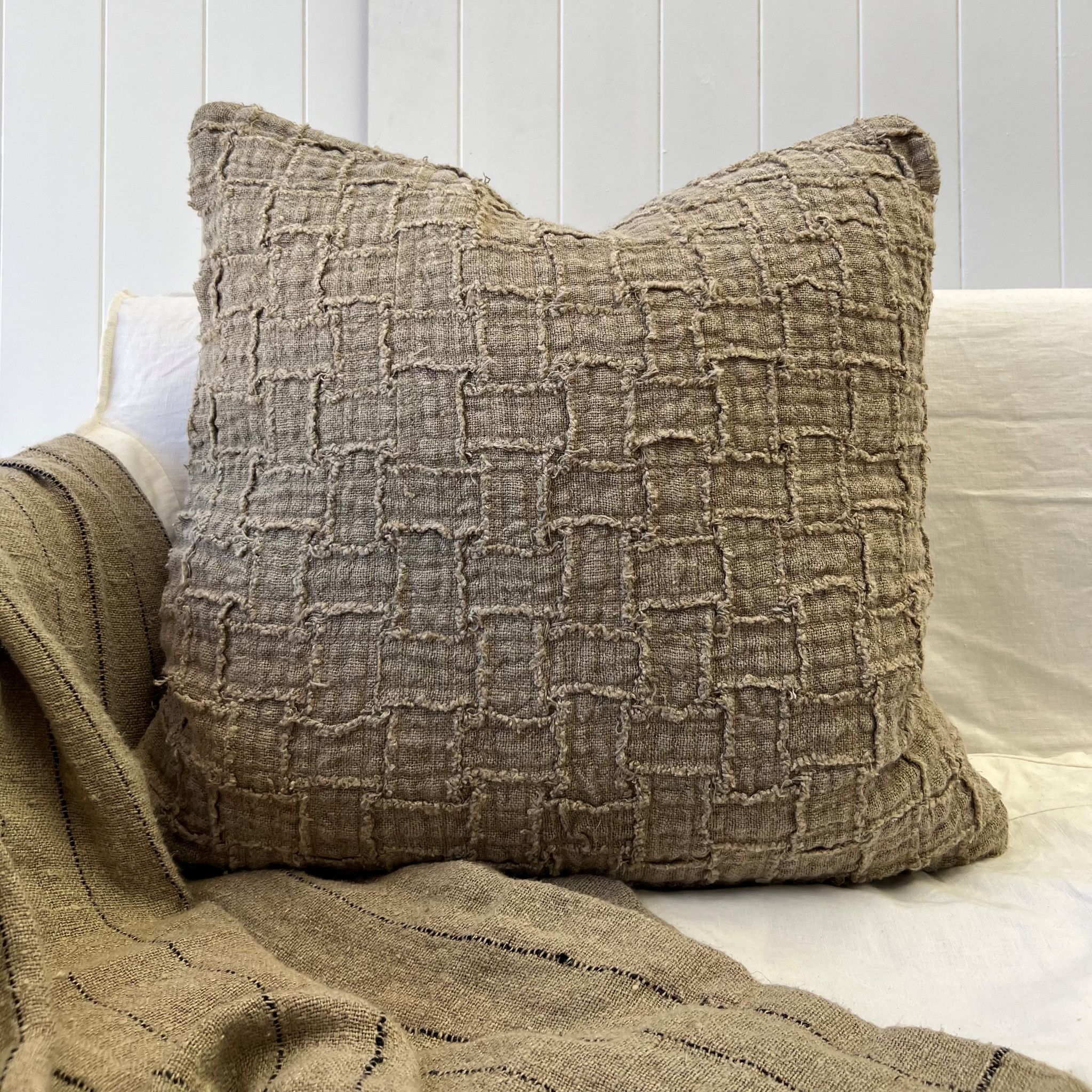 Lucas Linen Cushion Cover Natural Rustic Blocks 60x60cm - Linens Unlimited