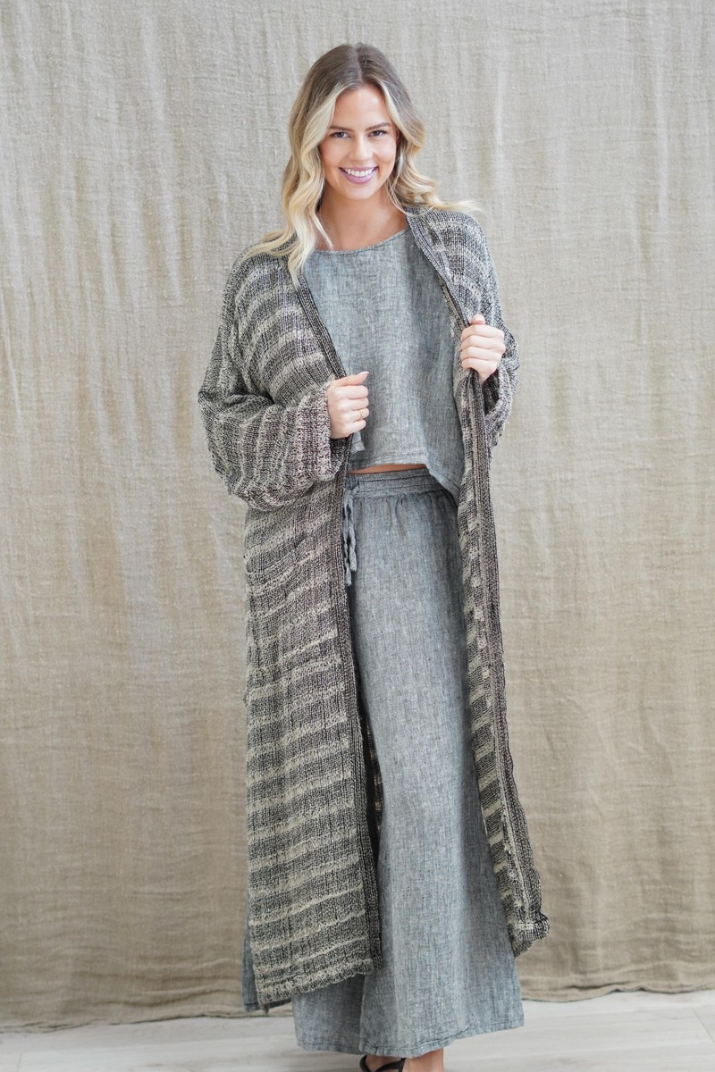 Audrey Long Linen Cardigan Spaced Black & Nat - Linens Unlimited