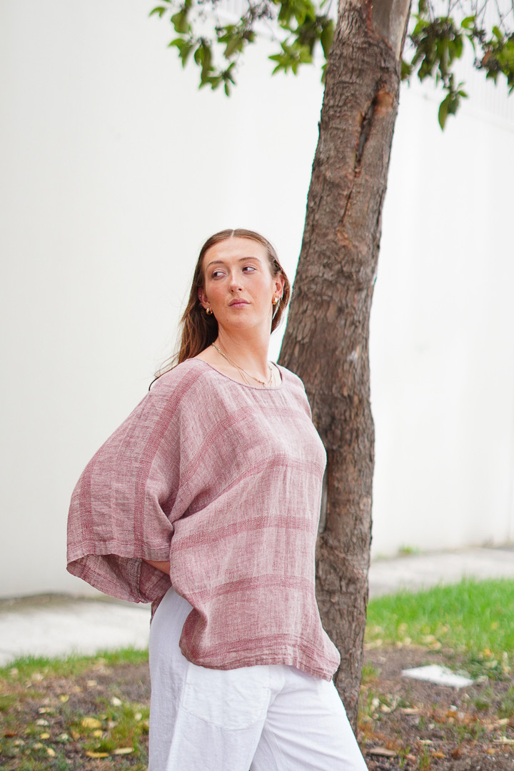 Carlotta Wide Sleeves Top Mahogany & Natural Stripes - Linens Unlimited