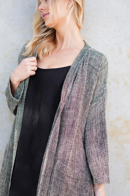Audrey Long Linen Cardigan Black & Natural - Linens Unlimited