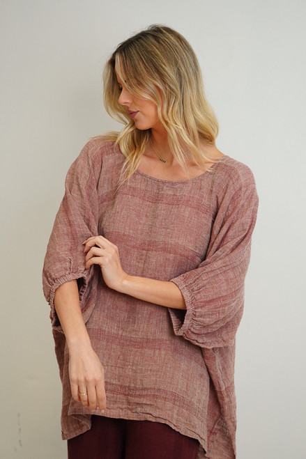 Bella Elasticated Sleeves Top Mahogany & Natural Stripes - Linens Unlimited