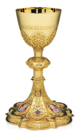 Fine filigree chalice with enamel cross and Holy Family medallions ...
