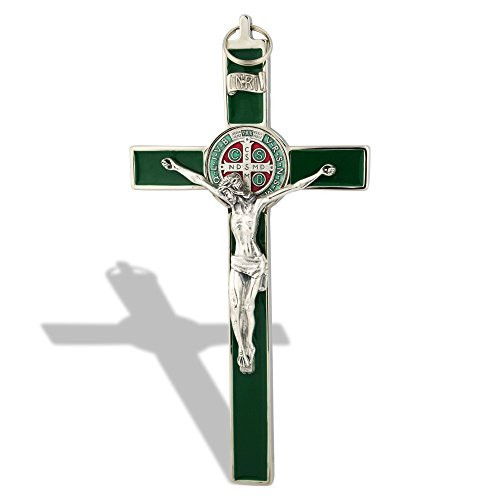 Saint Benedict Wall Crucifix with Colored Enamel (Silver-Green ...