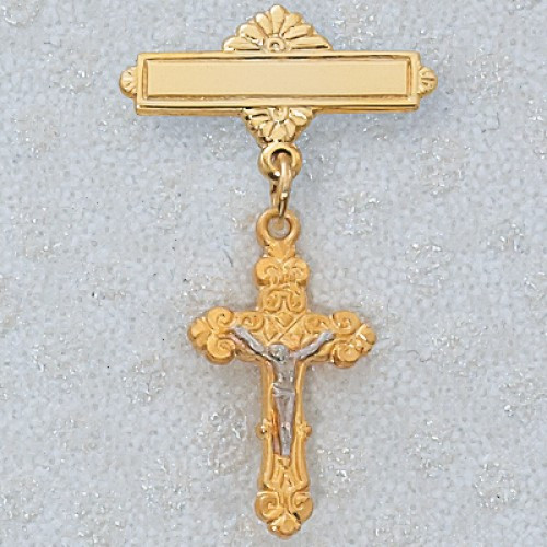 Gold over Silver crucifix Rhodium Baby Pin - Trinity Church Supply