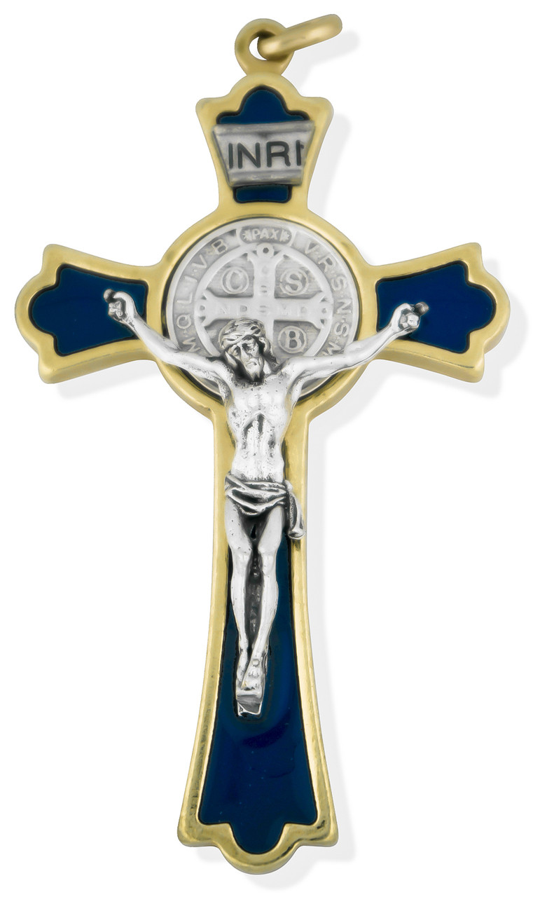 Gold Saint Benedict Cross with Blue Enamel - Trinity Church Supply