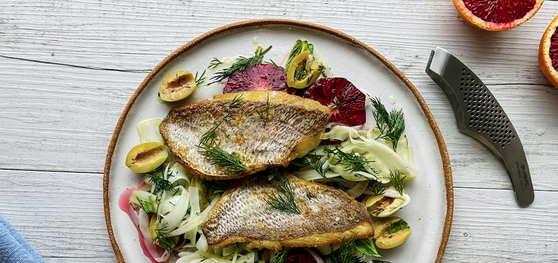 Crispy Skin Snapper, Blood orange, Fennel & Green Olives - Global ...