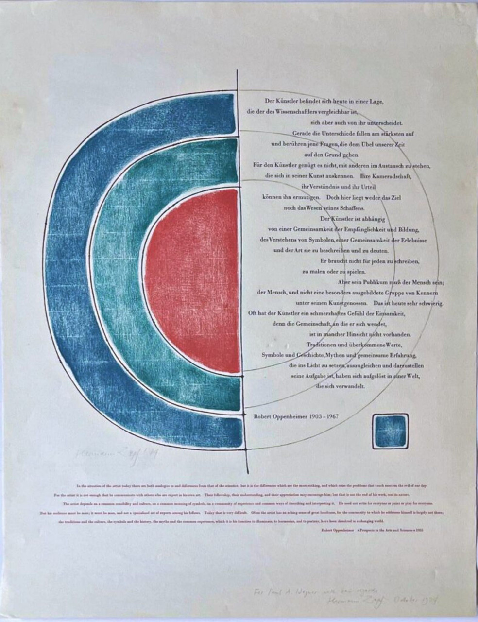 Hermann Zapf, J. Robert Oppenheimer poster with quote about the role of ...