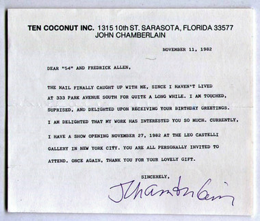 John Chamberlain, Hand signed Letter about Leo Castelli Gallery, 1982 ...
