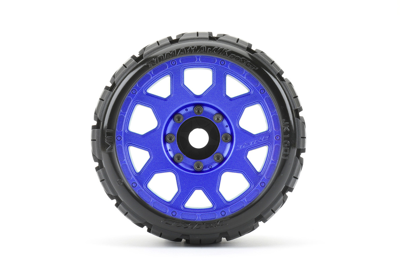 Jetko 1/8 SGT 3.8" EX Tomahawk Tires Mounted on Metal Blue Claw Rims, Medium Soft/Belted/12mm ...