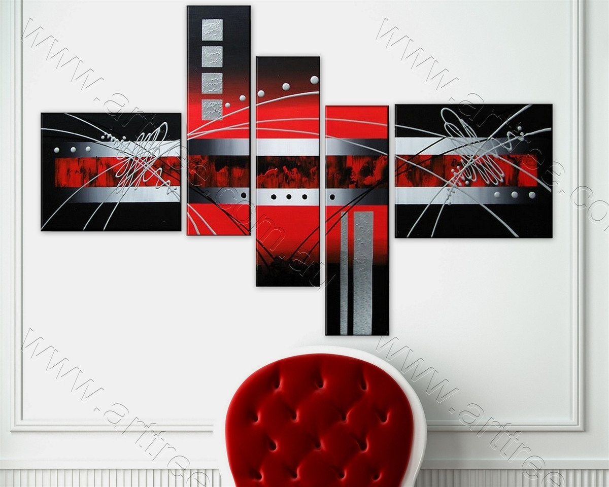 Dark Grey Red Rectangle Canvas Artwork 5 Piece Abstract Painting ...