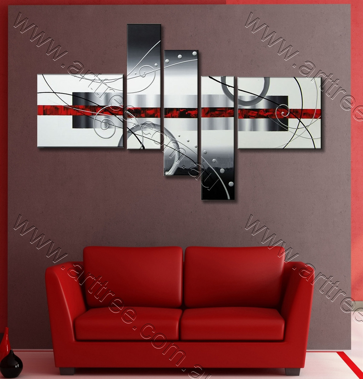 Grey Semicircle with Red Line Canvas Artwork 5 Piece Abstract Painting ...