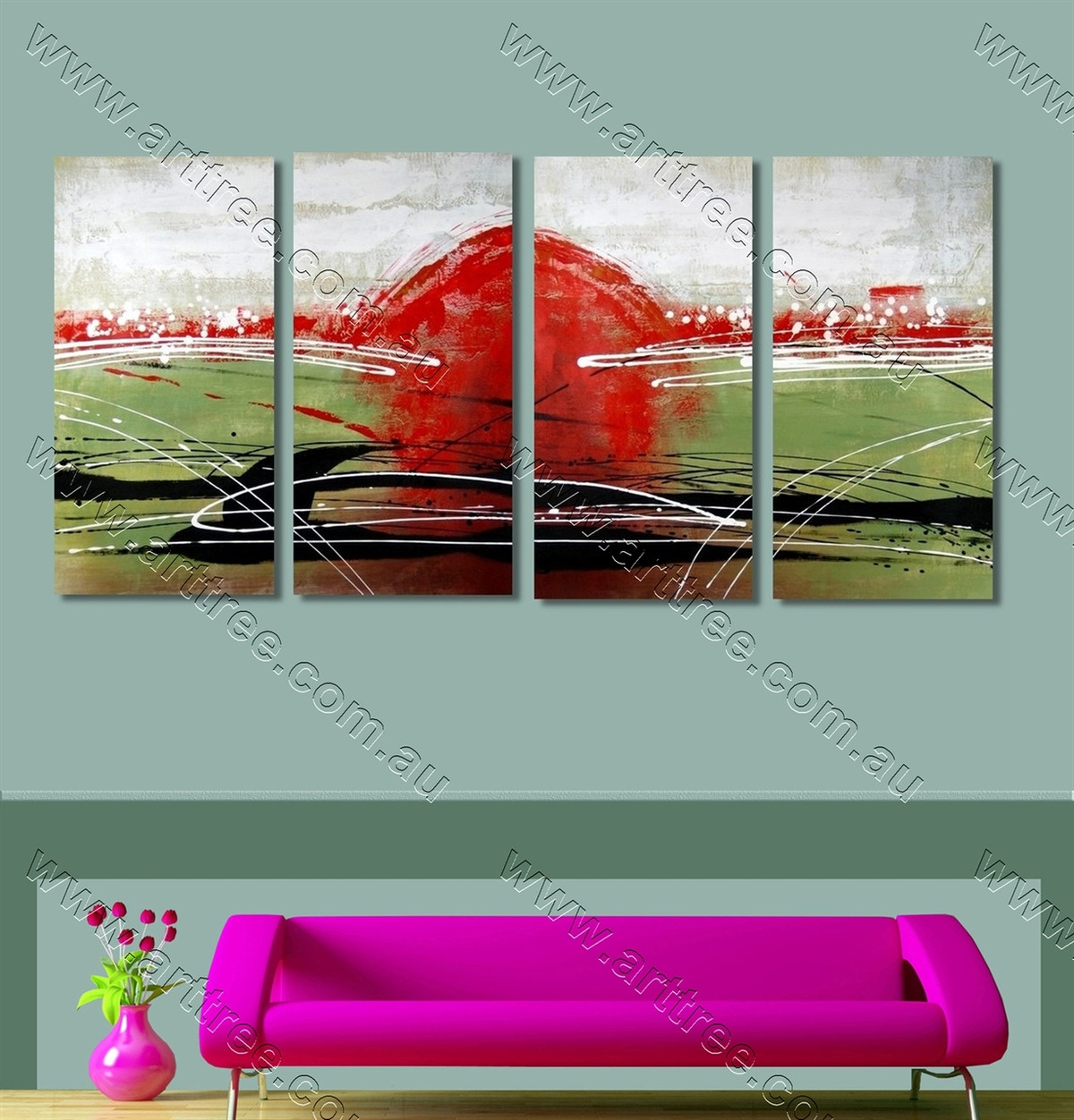 Red Abstract Landscape Green Shade 4 Piece Paintings | arttree.com.au